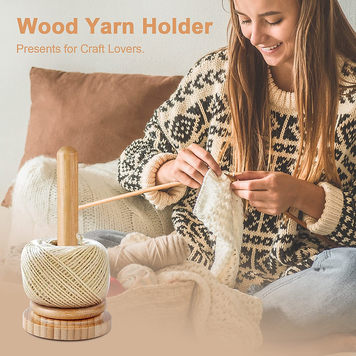 PhantomSky Wood Yarn Dispenser Yarn Spinner Wool Thread Holder Yarn Ball Holder with 8 PCS Crochet Hooks Set for Knitting, Crochet
