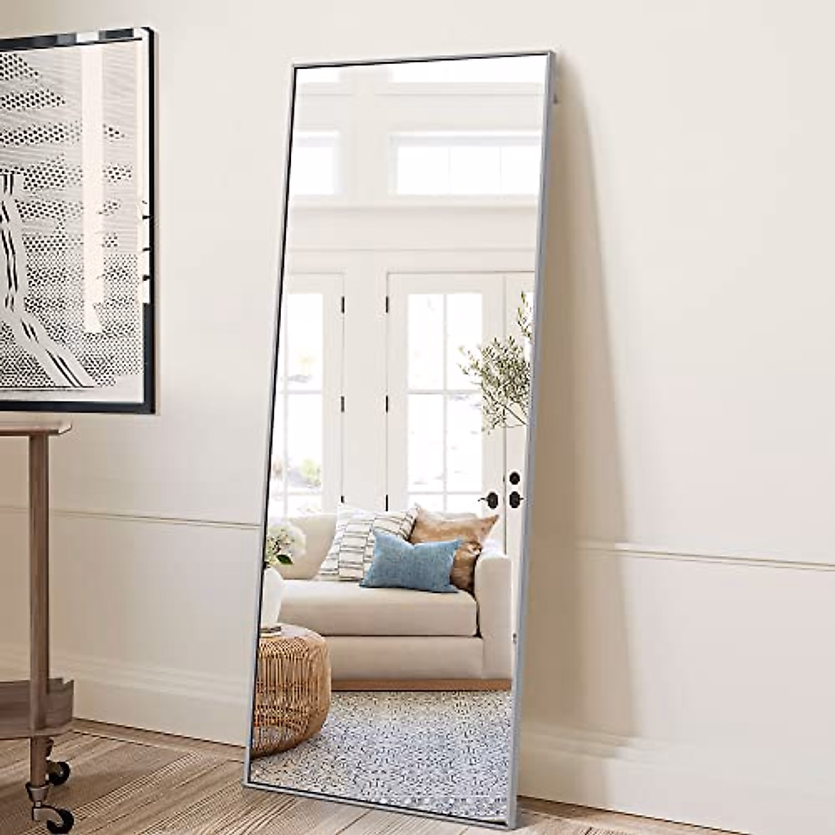 MAYEERTY Full Length Mirror 64"x21" Floor Mirror with Stand Large Mirror for Bedroom Standing Mirror Aluminum Alloy Thin Frame Wall Mirror Standing/Hanging Mirror, Silver (JJ00372ZZV-USAM027)