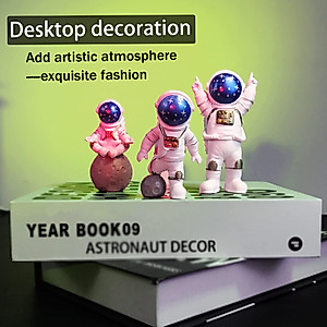 4 PCS Astronaut Figurine, Blue Astronaut Figure Toy Desktop Ornaments Resin Outer Space Birthday Cupcake Spaceman for Kids Party Funny Gift, 3PCS Astronaut and 1PCS Keychain, Desk Decor, Shelf Decor