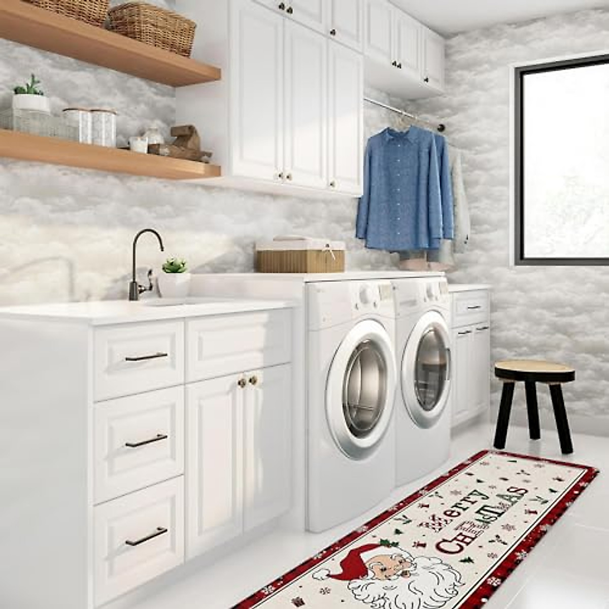 Prime Leader Merry Christmas Kitchen Mat Set 2 Pieces Cute Santa Claus Decor Red Black Buffalo Plaid Non Slip Kitchen Rugs Washable Runner Rug Mats for Kitchen Sink, 15.7" x 23.6"+15.7" x 47.2"