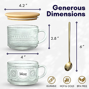 Scoozee Vintage Glass Coffee Mugs (4Pcs, 14oz), Overnight Oats Containers with Lids and Spoons, Clear Embossed Glass Cups | Coffee Bar Accessories, Gifts for Women, White Elephant Gifts