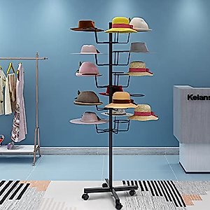 MYOYAY 5-Tier Hat Racks Rotating Metal Hat Display Stand 25 Hats Caps Holders Adjustable Hat Hanger Organizer Free Standing Headwear Wig Rack Metal Floor Rack with 4 Wheels for Caps Wigs Hats