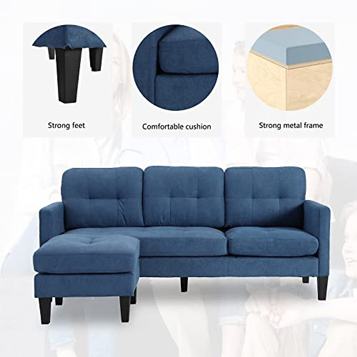 Grepatio Convertible Sectional Sofa Couch, L-Shaped Couch with Modern Linen Fabric for Small Space (Blue)