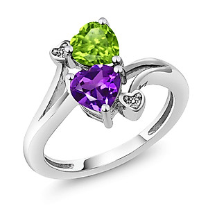 Gem Stone King 10K White Gold Heart Shape Purple Amethyst Green Peridot and White Diamond Accent Ring For Women (1.51 Cttw, Gemstone Birthstone, Available In Size 5, 6, 7, 8, 9)