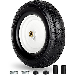 GICOOL 4.80/4.00-8" Wheelbarrow Tire, 16" Flat-Free Solid Tire and Wheel, 3-6" Centered Hub, 5/8" & 3/4" Bearing, For Broadcast Spreader Garden Wagon Cart Trolley Dolly Lawn Mover (1 Pack)