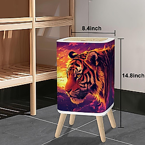 hgsschrek Small Trash Can with Lid Exaggerated Tiger Features Expressive Eyes Bold Colors 2.6 Gallon/10L Garbage Can Waste Bin with Pop-Up Lid Wood Legs Wastebasket for Bathroom Kitchen Bedroom