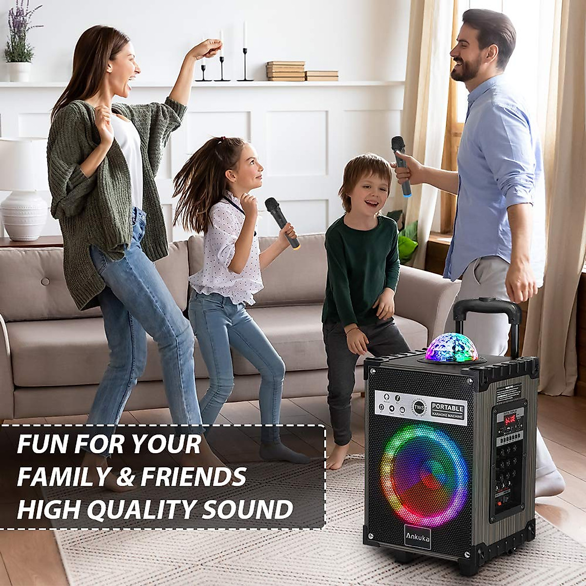 Ankuka Karaoke Machine, Portable Bluetooth Speaker with Disco Lights,Subwoofer PA System with 2 Wireless Microphones for Christmas,Birthday Party