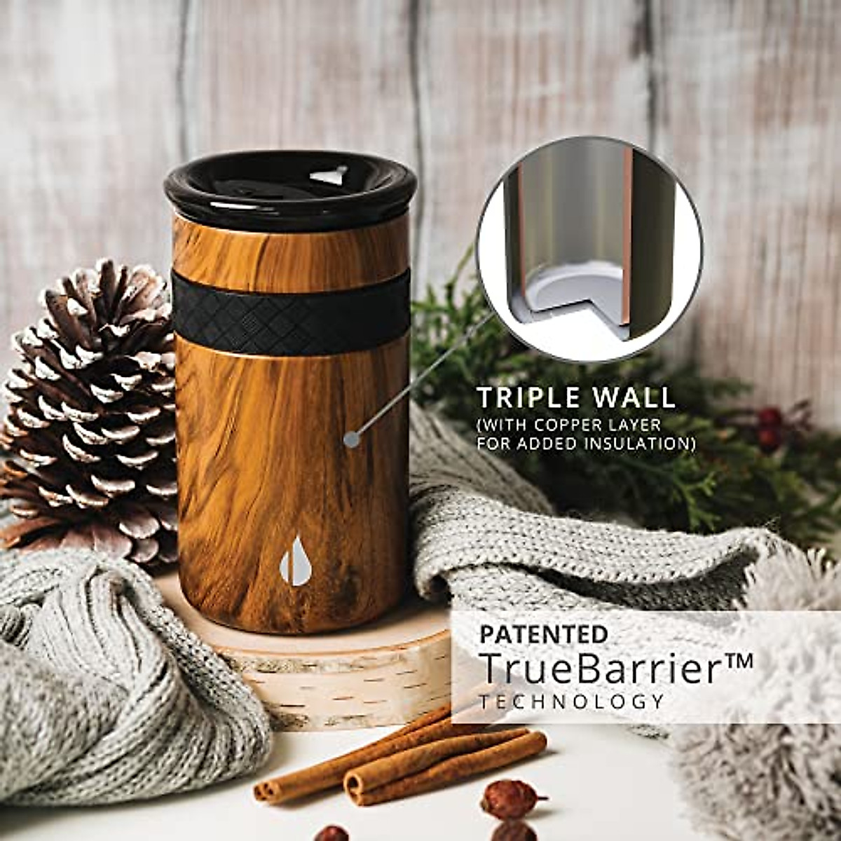 Elemental Artisan Insulated Tumbler, Triple Wall Coffee Travel Mug, Reusable Stainless Steel Coffee Tumbler with Ceramic Lid, Thermal Coffee Cups for Hot (6 Hrs) & Cold (18 Hrs), 12oz - Teak Wood