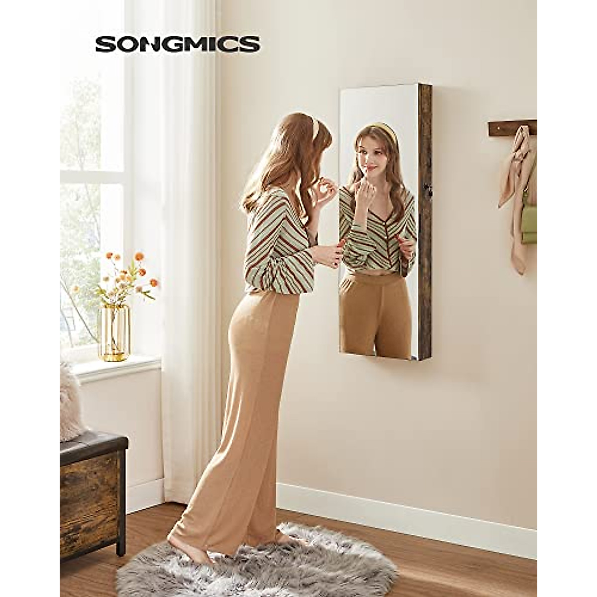 SONGMICS Jewelry Cabinet Armoire, Lockable Wall-Mounted Storage Organizer Unit with 2 Plastic Cosmetic Trays, Full-Length Frameless Mirror, Textured Brown UJJC001X01