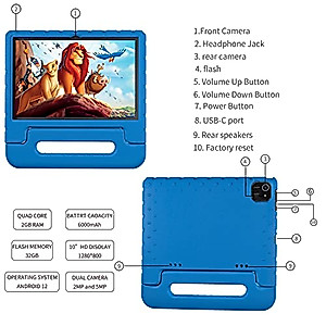 JREN Kids Tablet, 10" Tablet pc,IPS HD Display 1280 X 800,1080p, Ram 4GB and 64GB Storage, Bluetooth, Wi-Fi,Kidoz Pre-Installed, Dual Cameras,Color Blue