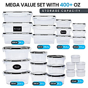 52 Pcs Food Storage Containers with Lids-(26 Stackable Clear Plastic Containers with 26 Lids) BPA-Free 100% Airtight Kitchen and Pantry Organization, Microwave, Dishwasher Safe with Labels & Marker