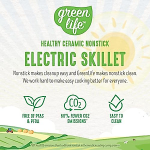 GreenLife Healthy Ceramic Nonstick, 12" 5QT Square Electric Skillet with Glass Lid, Dishwasher Safe, Adjustable Temperature Control, PFAS-Free, Pink