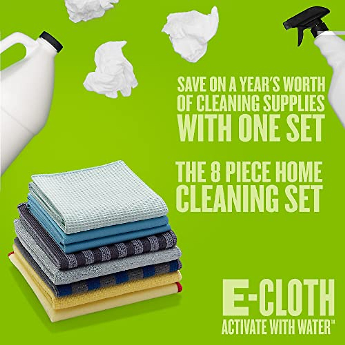 E-Cloth 8pc Home Cleaning Set, Contains Multiple Microfiber Cleaning Cloths & Deep Clean Mop, Microfiber Mop, Perfect Floor Cleaner for Hardwood, Laminate, Tile and Stone Flooring, 100 Wash Promise
