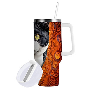ODAWA 40 Oz Black White Cat Insulated Tumbler Cup with Handle and Straw, Stainless Steel Vacuum Insulated Tumbler