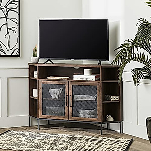 Walker Edison Modern Metal Mesh and Wood Corner TV Stand for TV's up to 55", 48 Inch, Dark Walnut