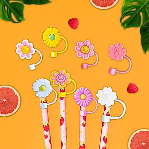 Silicone Straw Tips Cover 8 Pack Reusable Cute Straw Plugs Drinking Straw Tips Lids Anti-dust Silicone Straw Caps for 6-8 mm Straws Airtight Seal Splash Proof Straw Tips Covers (Flower style)