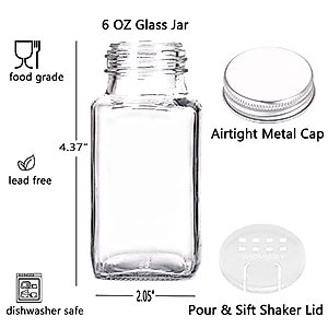 SWOMMOLY 30 Glass Spice Jars 6 oz Empty Square Spice Bottles with 703 Spice Labels, Chalk Marker and Funnel Complete Set. 30 Spice Containers with Airtight Cap, Pour/sift Shaker Lid
