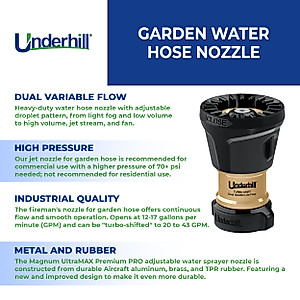 Underhill Magnum UltraMAX Premium PRO Series-TurboShift ¾ Inch Garden Water Hose Nozzle, Sprayer, Jet, Metal and Rubber, Adjustable, NG650-DFH-75