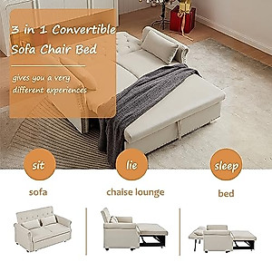 Meesifeel 55" Queen Sleeper Sofa, 3 in 1 Convertible Sofa Bed, Comfy Velvet Loveseat, Adjustable Backrest Futon Sofa Bed, Pull Out Couch, Lounge Sofa Chair Bed, Beige Sofas for Living Room Bedroom