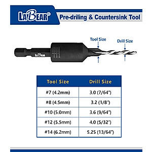 LaBear (#8) Countersink Drill bit Set, Countersink Drill bit, Countersink bit with Replaceable HSS Drill, 1/4" Hex Quick-Change Bits, Adjustable Low Friction Depth