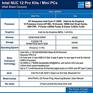 Intel NUC 12 NUC12WSHi7 Wall Street Canyon Mini Computer 12th Gen Intel Core i7-1260P, 12 Cores(4P+8E), 16 Threads, 18MB Intel Smart Cache, Intel Iris Xe Graphics,32GB RAM, 1TB PCIe SSD, Win 11 Pro