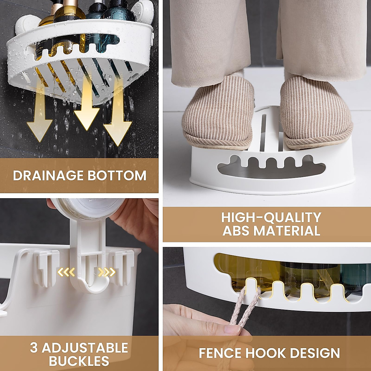 LEVERLOC Corner Shower Caddy Suction Cup No-Drilling Removable Shower Caddy Basket Powerful Suction Bathroom Shower Shelf Waterproof & Rustproof Organizer for Bathroom Storage - White