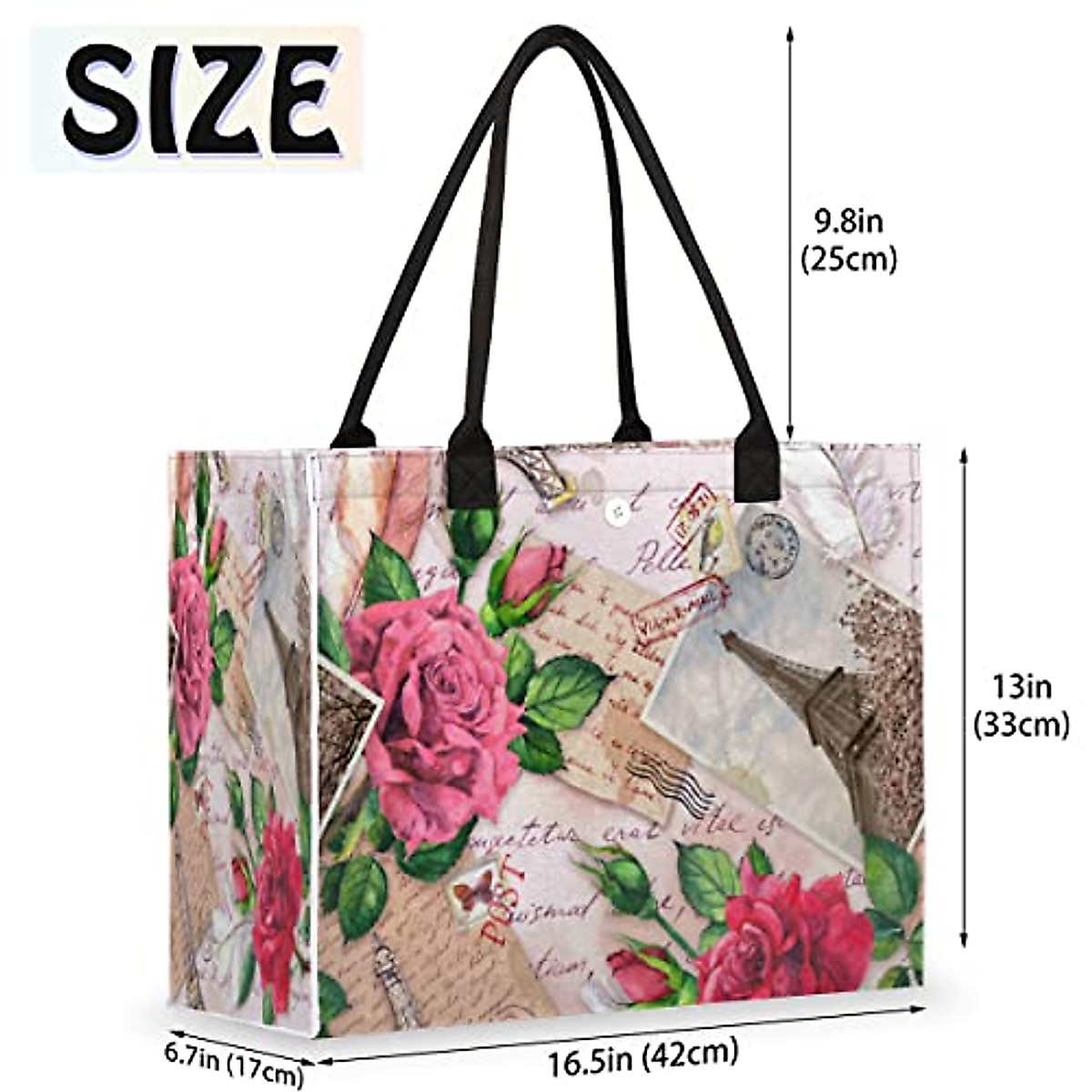 Eiffel Tower Rose Reusable Grocery Shopping Bag with Hard Bottom, Brilliant Paris Large Foldable Multipurpose Heavy Duty Tote with Zipper Pockets, Stands Upright, Durable and Eco Friendly, Beach Bag