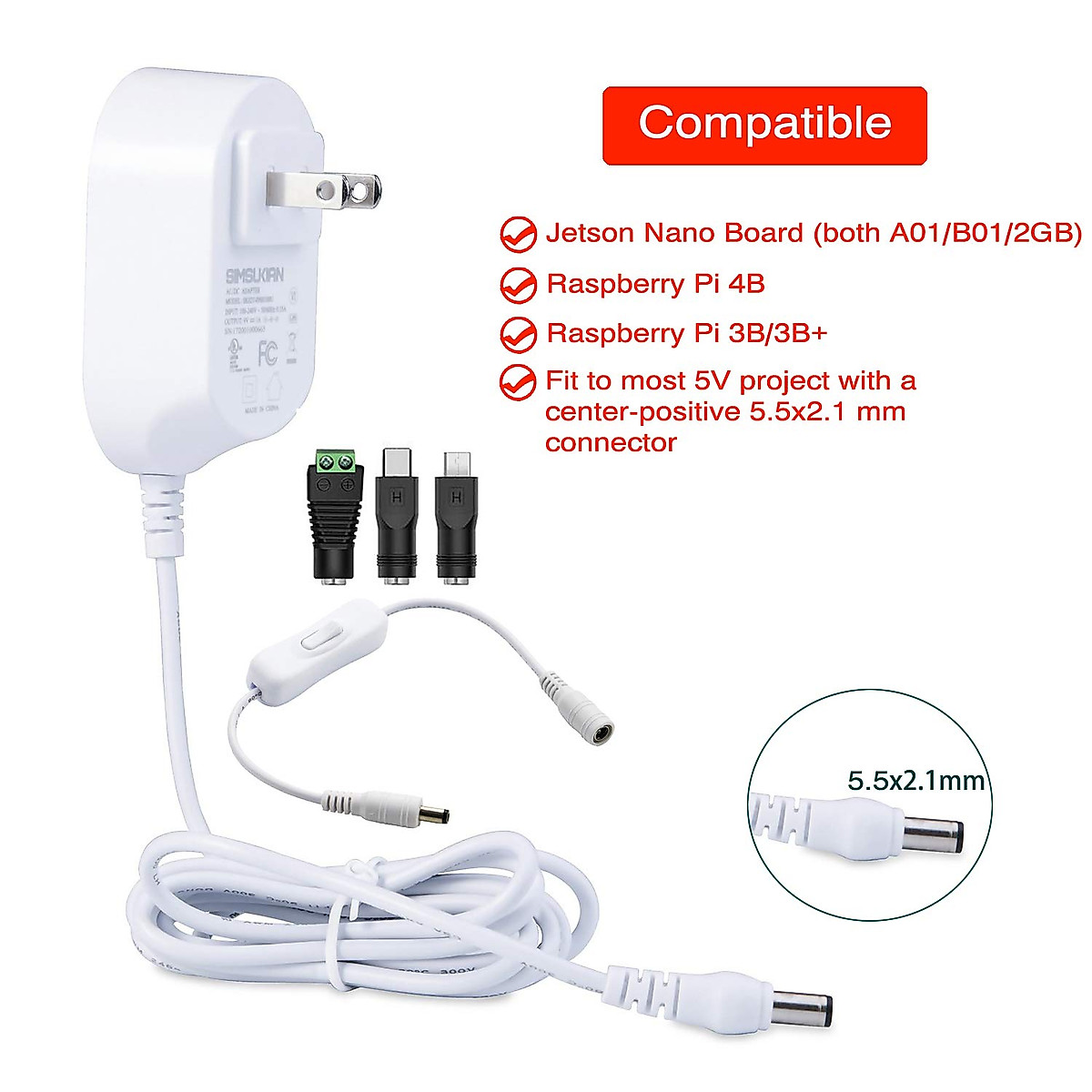 Makeronics AC 100V-240V Converter Adapter DC 5V 4A Power Supply US Plug 5.5mm x 2.1mm 4000mA Power Adapter for Jetson Nano (A02/B01/2GB)| Raspberry Pi 5 / 4B/3B+/3B with UL FCC Certificate