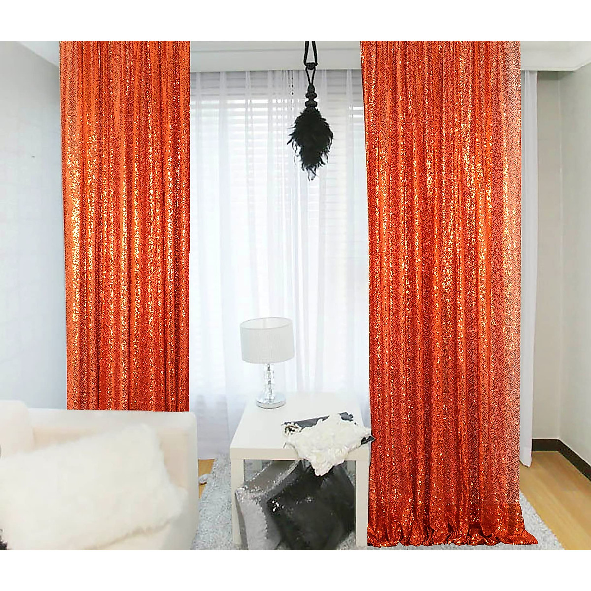 ShinyBeauty Sequin Curtains 2 Panels 4x10ft Orange Sequin Backdrop Curtains Sparkly Curtain Selfie Wall for Parties Wedding Decoration