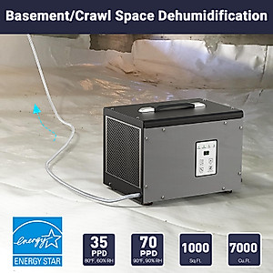 BaseAire Crawl Space/Basement Dehumidifier,70 Pint Commercial Dehumidifiers with Pump Hose,Up to 1000 Sq Ft, Compact, Auto Defrost, Energy Star, GLGR Technology