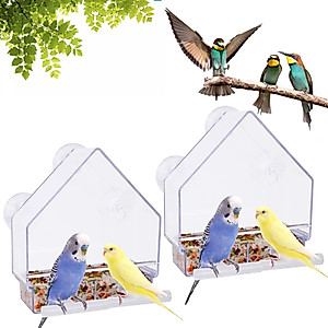 Window Bird Feeder 2 Pack, Bird House for Outside with 2 Rod, Window Bird Feeder with Strong Suction Cups and Removable Seed Tray with Drain Holes