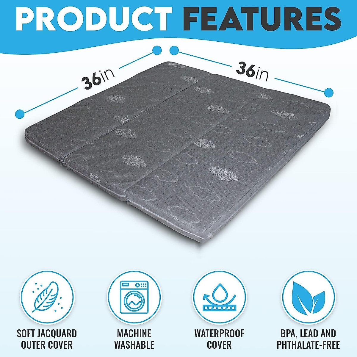 Sleepah Square 36x36 Mattress Pad (Trifold) Waterproof Memory Foam Portable Mattress Topper w Removable Cover Compatible with Joovy Room 2 Delta Children Century Thick Dual Sided