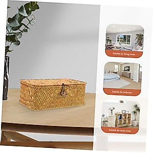 Ipetboom Desktop Stand Woven Baskets 1 Woven Basket Straw Basket with Lid Basket Box Rattan Desktop Clothes Sundries Storage Box for Home Decor (S) Storage Drawers Small Basket