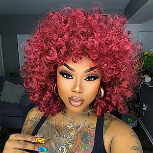 PHOENIXFLY Red Curly Wigs for Black Women Short Loose Burgundy Curly Wigs for Women Curly Synthetic Hair Wigs Heat Resistant Hair Replacement Wigs with Wig Caps(Burgundy,Red)