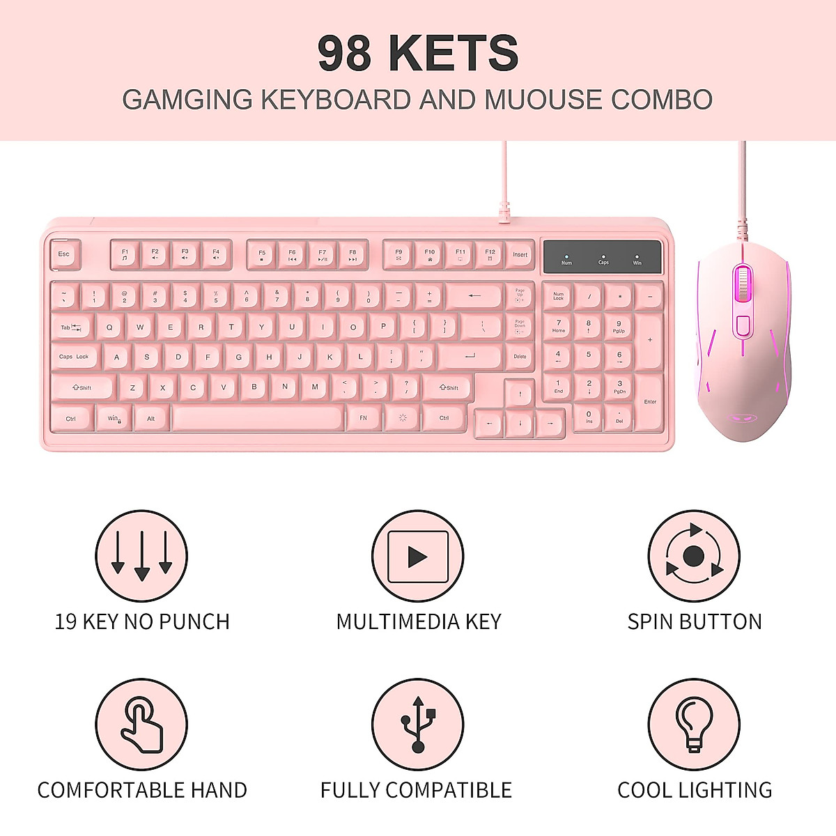 Pink Gaming Keyboard and Mouse Combo,MageGee GK980 Wired Backlit Keyboard and Pink Gaming Mouse Combo,PC Keyboard and Adjustable DPI Mouse for PC/loptop/MAC(Pink)