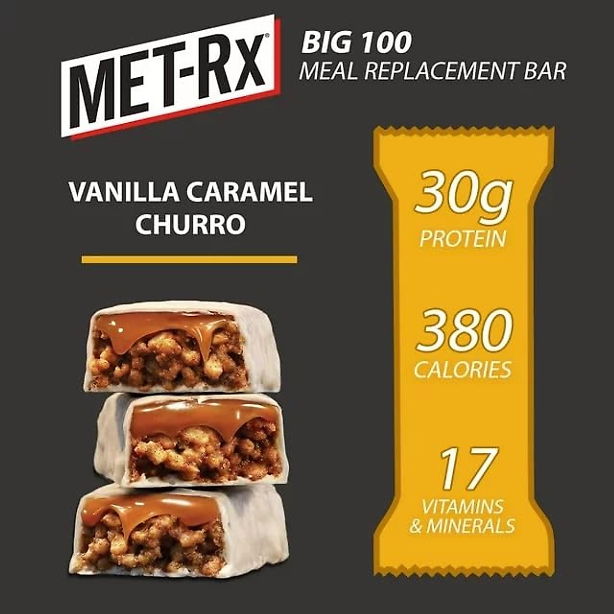 MET-Rx Big 100 Colossal Protein Bars, Vanilla Caramel Churro Meal Replacement Bars, Brown, 9 Count