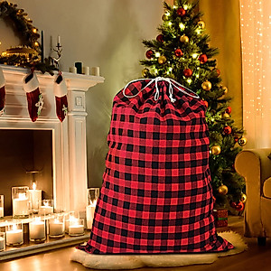 35''x55''Jumbo Christmas Drawstring Gift Bags,2PCS Cotton Santa Bag, Buffalo Plaid Christmas Gift Bags Santa Sack with Drawstring,Heavy Christmas Bags for Christmas Holiday Gift Giving and Party Decor