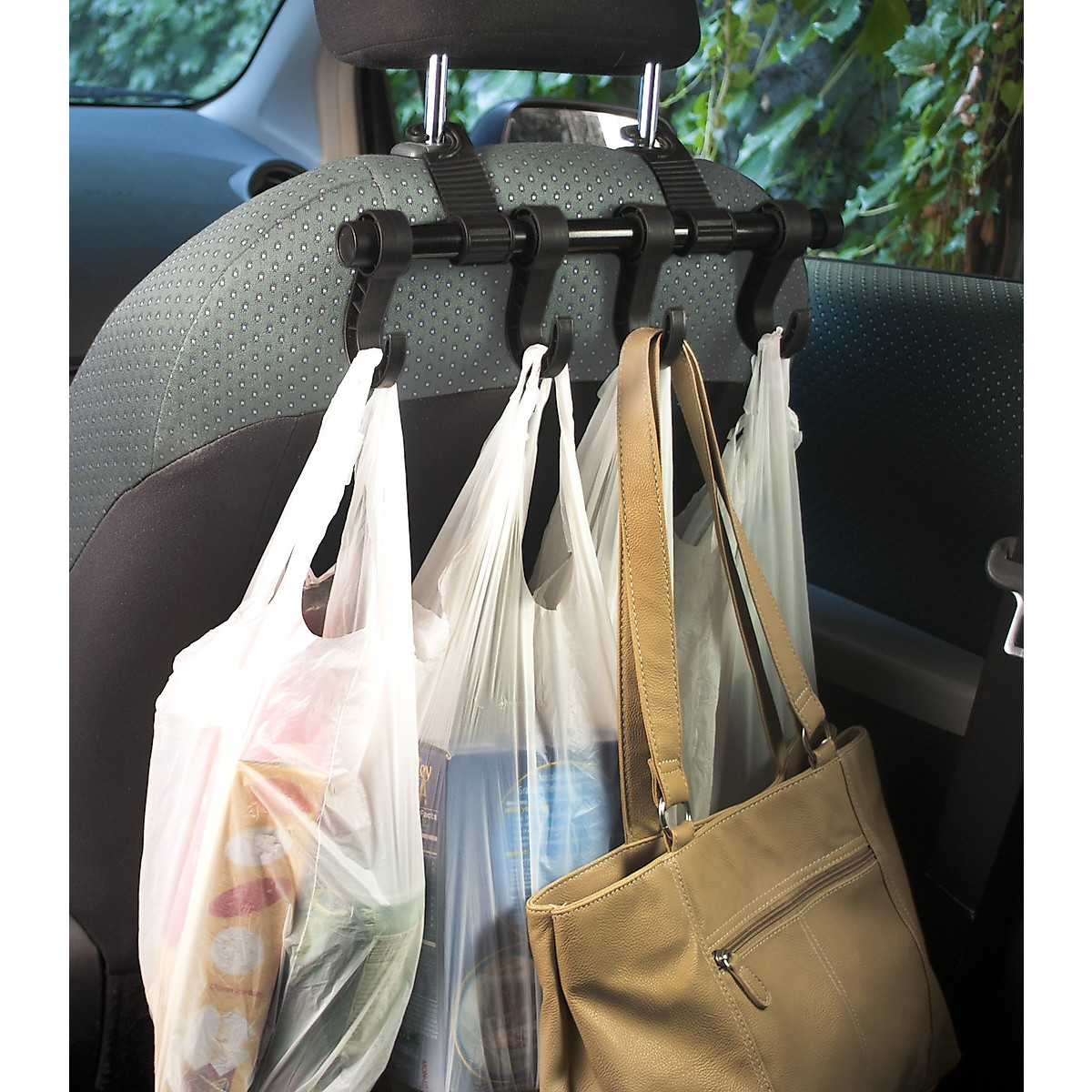 Maxsa 25524 Car Headrest Multi-Hanger 4 Hook Organizer for Bags and Car Storage, Black