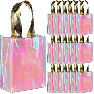 Jutom 20 Pieces Iridescent Gift Bags Bulk Reusable Tote Bag Party Favor Bags with Glossy Finish Birthday Gift Bags with Handles for Christmas Party Wedding(6 x 3 x 8 Inch,Pink)