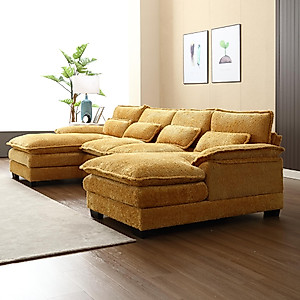 GNIXUU 110" Sectional Sofa Cloud Couch for Living Room, Modern Chenille U Shaped Couch, Comfy Modular Sofa Sleeper with Double Chaise & Memory Foam(Mustard Yellow)