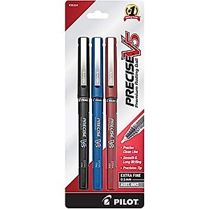 PILOT Precise V5 Stick Liquid Ink Rolling Ball Stick Pens, Extra Fine Point (0.5mm) Black/Blue/Red Inks, 3-Pack (35354)