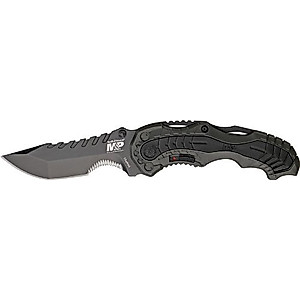 Smith & Wesson SWMP6S 7.7in High Carbon S.S. Assisted Folding Knife with 3.4in Serrated Clip Point Blade and Aluminum Handle for Tactical, Survival and EDC,Black