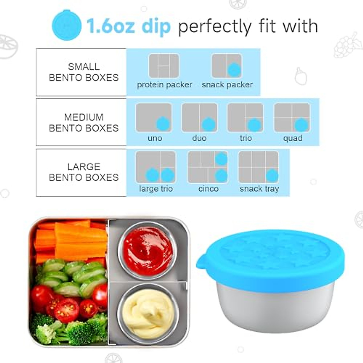 Stainless Steel Condiment Containers with Leakproof Food-grade Silicone Lids, Portion Bento Box and Mini Sauce Container of Kids Lunch to Go for Snack, Dessert, Souffle, Salad Dressing (MIX, 6 Pack)