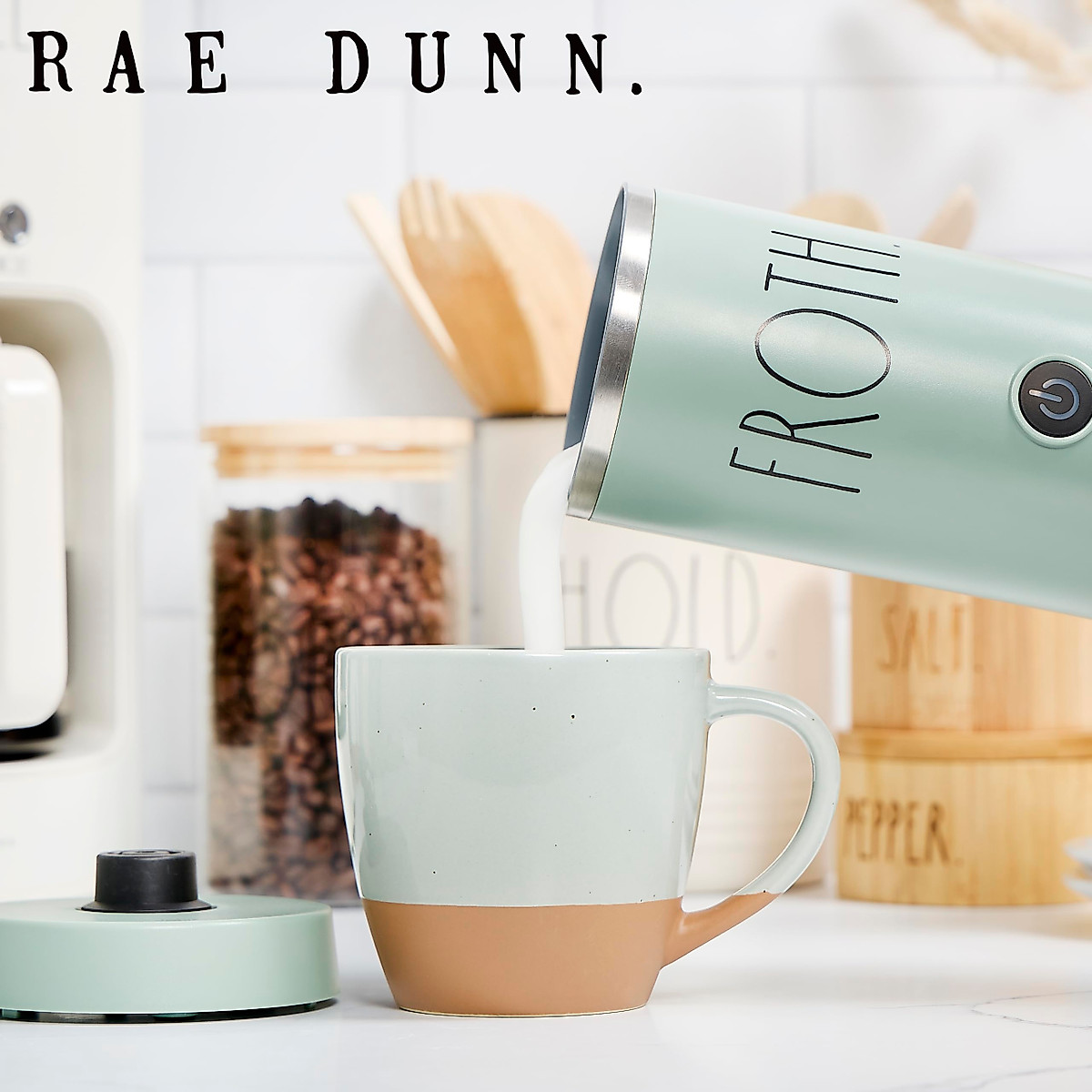 Rae Dunn Electric Milk Frother Steamer -Stylish Automatic Milk Steamer and Frother, Milk Warmer, Hot and Cold Foam Maker for Coffee, Latte, Cappuccino, Macchiato - 550 Watt (Sage)