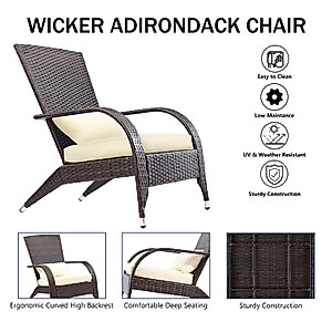Adirondack Chairs Set 2 Outdoor Wicker Rattan Fire Pit Chairs Oversized Comfy Relax Accent Patio Chairs with Soft Cushion Low Deep Seating Tall Curved Backrest for Outside Backyard Deck Porch Cream