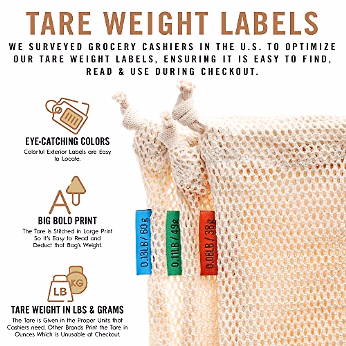 World's Strongest Reusable Produce Bags, Certified Organic Cotton Mesh, Machine Washable, Tare Weight Label, Double Drawstring, Plastic-Free Packaging, 9-Pack - Assorted Sizes (Small, Medium, Large)