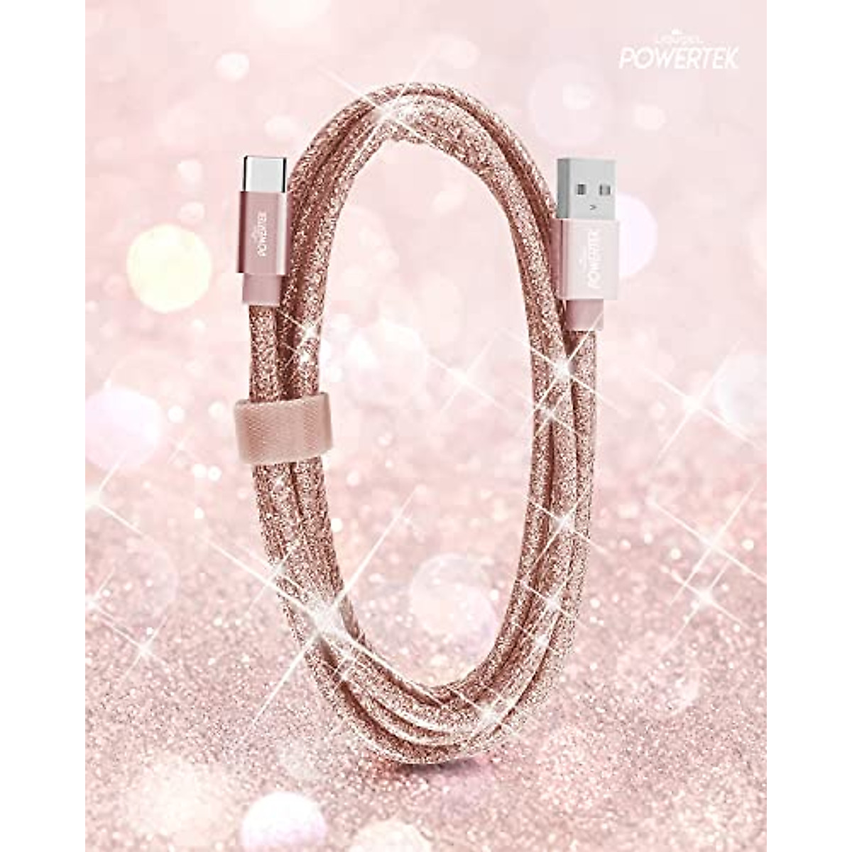 LIQUIPEL USB Type C Cable 6ft, USB A 2.0 to USB-C Fast Charger Extra Long Durable, Glitter Cables (Rose Gold)
