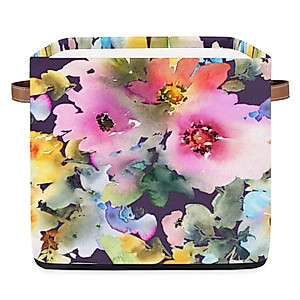 Flower Floral Fabric Storage Cubes Watercolor Collapsible Storage Bins, Storage Boxes for Organizing Storage Baskets with Handles for Shelves, Closet, Toy, Nursery (13x13x13 Inch)