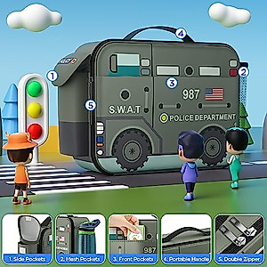 TIME4DEALS Kid Bento Lunch Box Set, Insulated Lunch Bag with 6 Compartment Bento Box Ice Pack Water Bottle Muffin Cup Spoon Snack Container Kids School Lunch Supplies Ideal for 7-16 (Black Police Car)