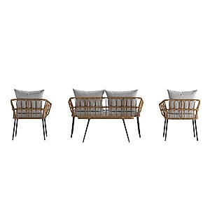 Taylor & Logan Iya 4 Piece Boho Rope Rattan Patio Conversation Set with Tempered Glass Top Coffee Table and Gray Cushions for Indoor/Outdoor Use, Natural